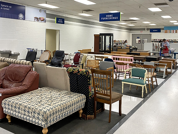 A furniture showroom where every chair tells a story. That pattern on the ottoman? Pure 90s nostalgia in fabric form.
