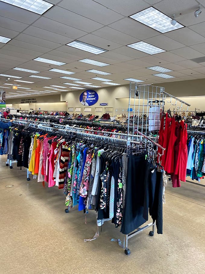 A kaleidoscope of color and possibility stretches as far as the eye can see. Each rack holds someone's future favorite outfit.