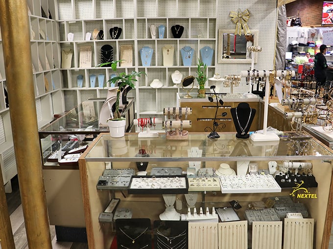 Jewelry displays that would make Elizabeth Taylor pause mid-sentence. Each necklace and bracelet waits patiently for its perfect match to walk by.