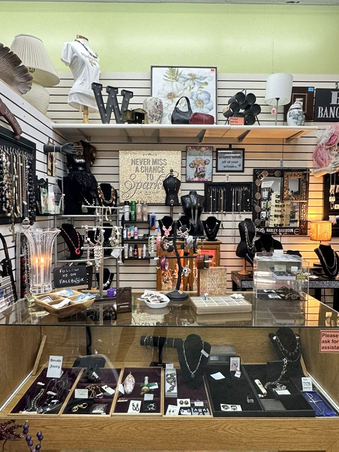 The jewelry counter sparkles with possibility. From costume pieces to occasional hidden gems, it's a treasure hunter's paradise.