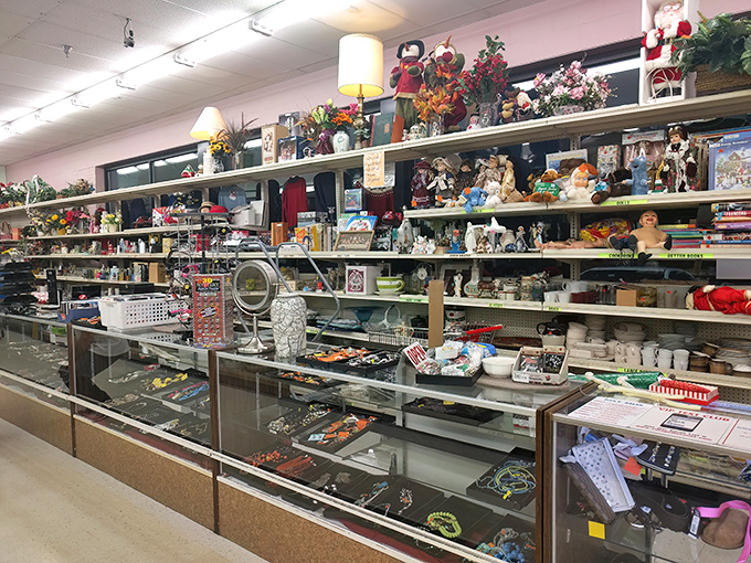 The jewelry counter is where patience pays off. Behind glass cases lie decades of American accessorizing history, from costume pieces to occasional hidden gems.