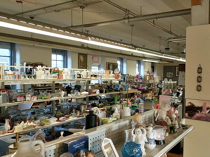 Kitchenware heaven awaits with shelves stacked high. Someone's grandmother's beloved china pattern is just waiting for you to discover it.