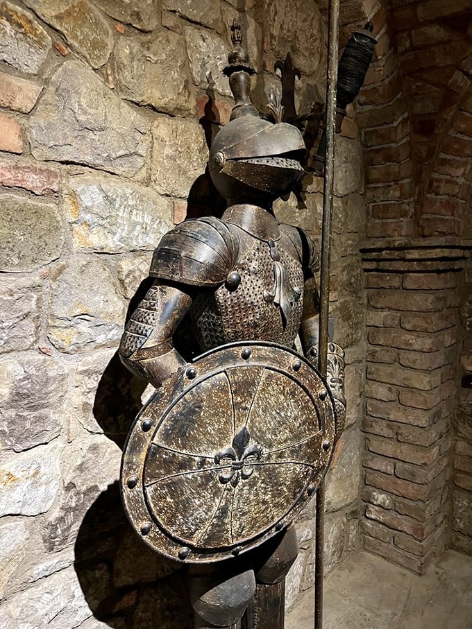 This knight stands eternally vigilant, though he's never had to defend against anything more threatening than enthusiastic tourists with selfie sticks.