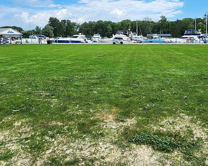 Nature's front lawn &ndash; this verdant gathering space offers boaters and beachgoers a grassy respite from all that geological wonder.