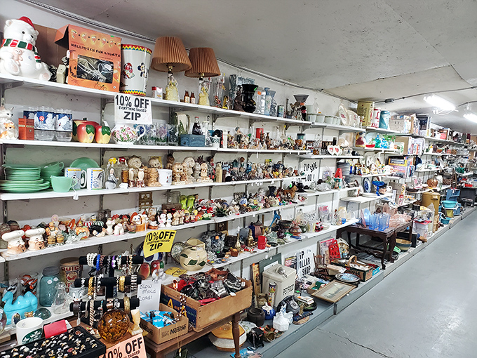Every shelf tells a story at Roller Mills. This particular chapter features everything from jade green Depression glass to quirky salt-and-pepper shakers your grandmother definitely owned.