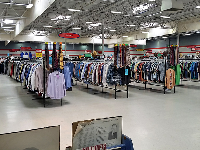 The men's department: where yesterday's fashion statements await their comeback tour. Those ties have seen things, my friends.