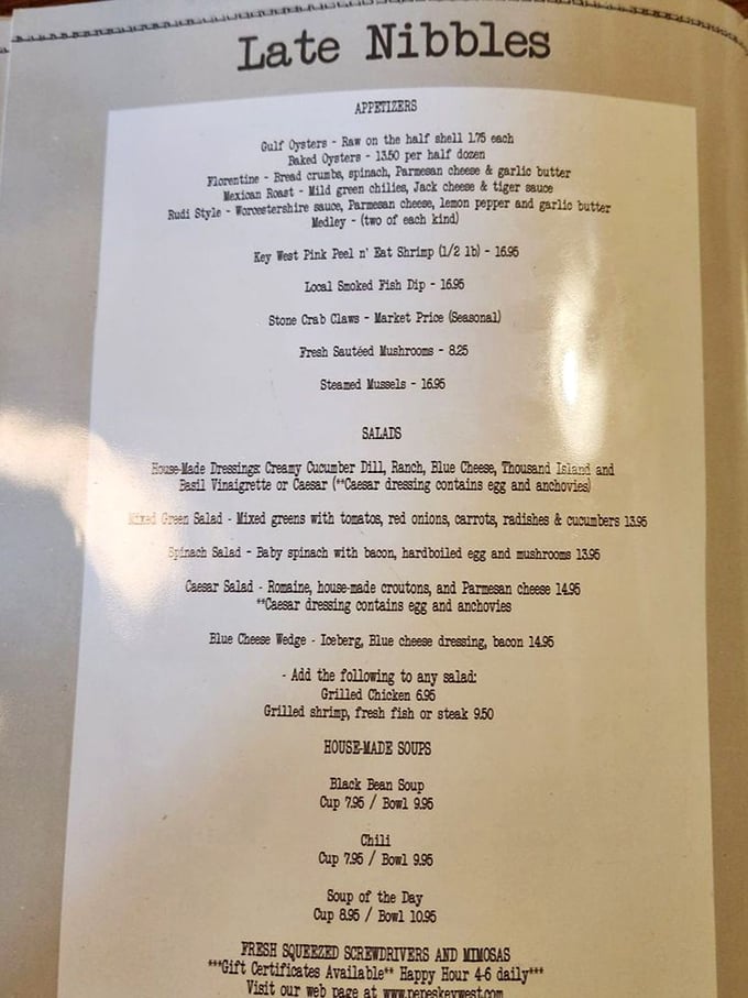 The "Late Nibbles" menu reads like a love letter to seafood lovers&mdash;Gulf oysters, pink shrimp, and stone crab claws stealing the spotlight.