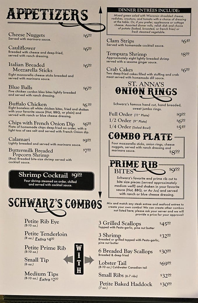 A menu that reads like poetry to meat lovers. The "Prime Rib Bites" section alone has caused many to cancel their weekend plans.