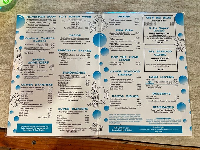 The blue-bubbled menu reads like a love letter to Florida's waters, with illustrations that seem to whisper, "Order everything."