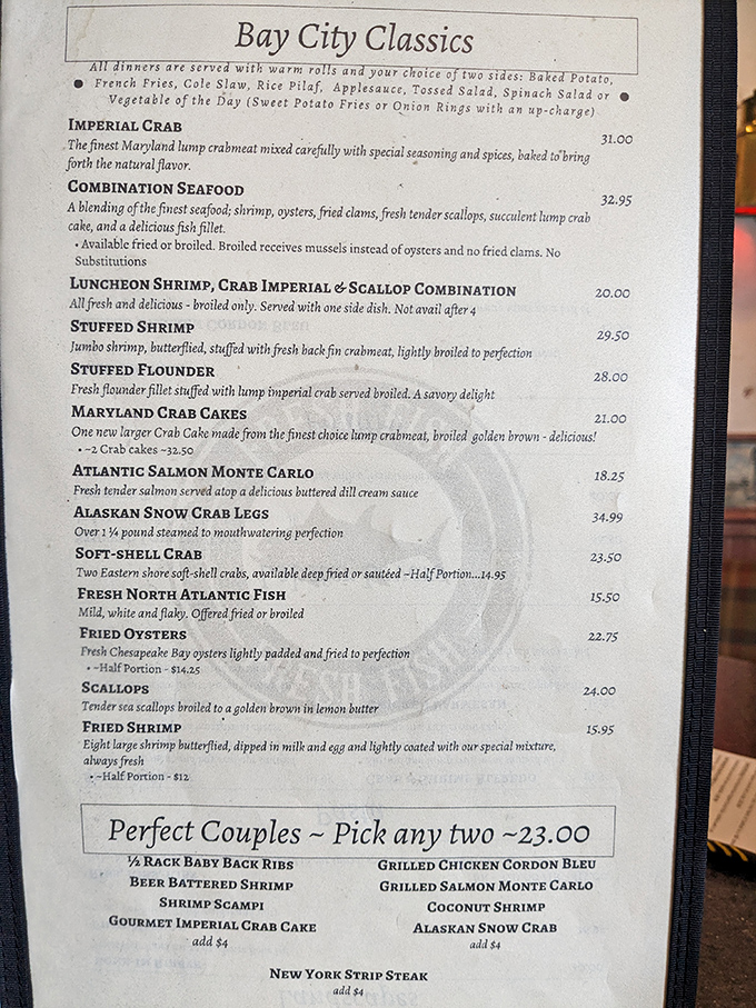 The menu reads like a love letter to the ocean – Imperial Crab, Stuffed Flounder, and Snow Crab Legs beckon seafood enthusiasts.