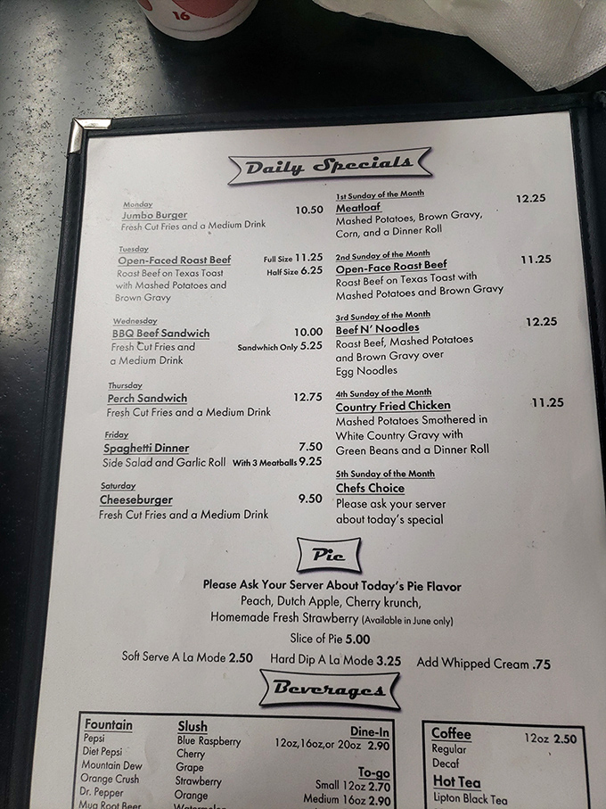 A menu that reads like comfort food poetry. Each daily special promises the kind of meal that makes you want to unbutton your pants and declare, "Worth it!"