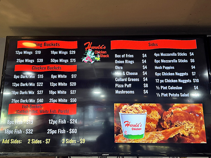 The menu board at Harold's reads like poetry to chicken lovers&mdash;wings, dark meat, white meat, and those essential sides.