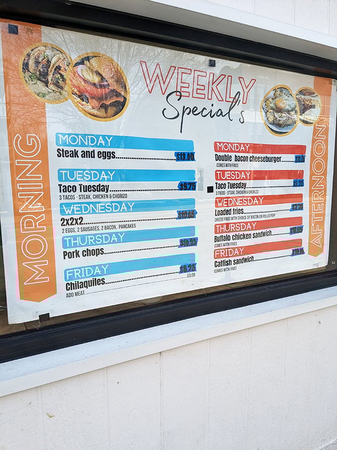 The weekly specials board reads like poetry to the hungry soul. Monday's steak and eggs might just be the motivation you need to start your week.