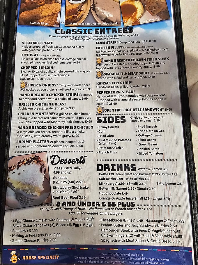 This menu reads like a love letter to American classics. Chicken fried steak and catfish fillets? Decision paralysis never tasted so good.