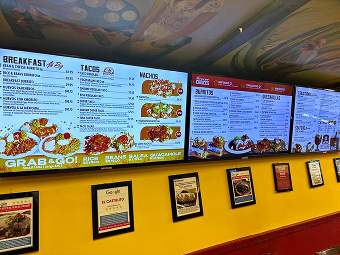 Decision paralysis has never looked so delicious. The illuminated menu board showcases a treasure map of Mexican delights, with burritos as the X marking the spot.
