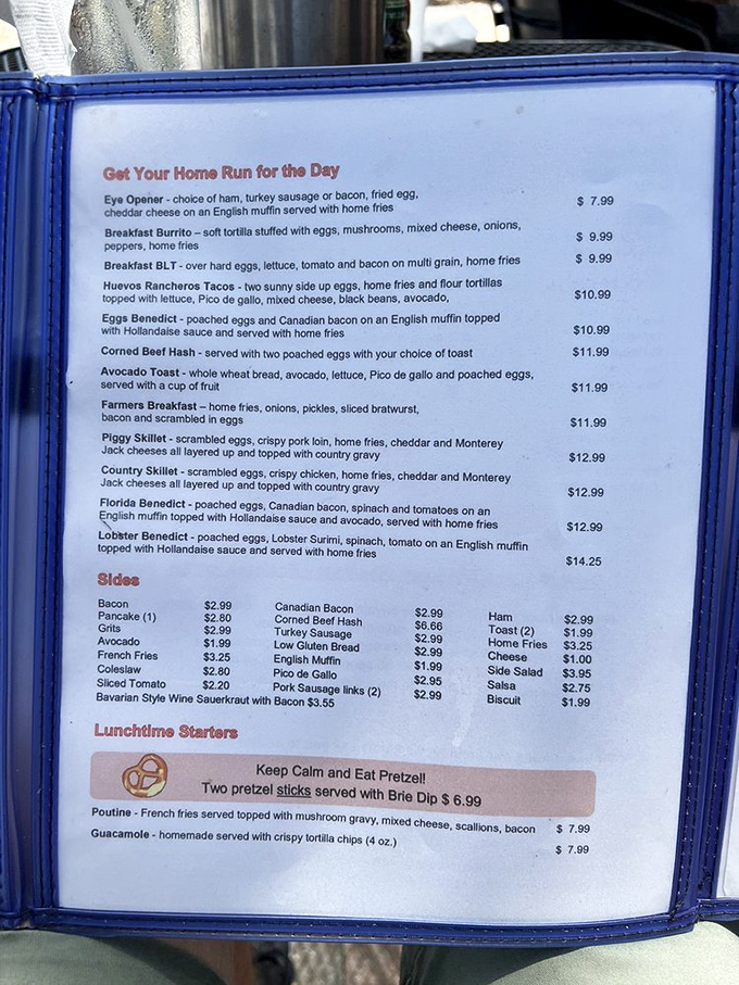 This menu reads like a love letter to breakfast classics. The "Get Your Home Run for the Day" section isn't just cute wordplay&mdash;it's truth in advertising. 