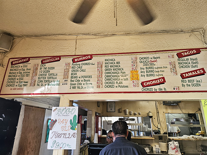 The wall menu tells you everything you need to know&mdash;this place isn't about fancy descriptions, just straightforward Mexican food done right.