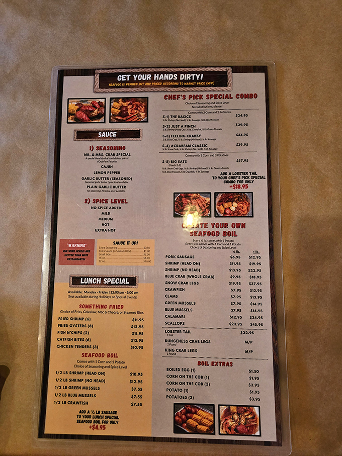 This menu isn't just a list&mdash;it's a treasure map to seafood nirvana. "Get Your Hands Dirty!" isn't a suggestion, it's a delicious promise.