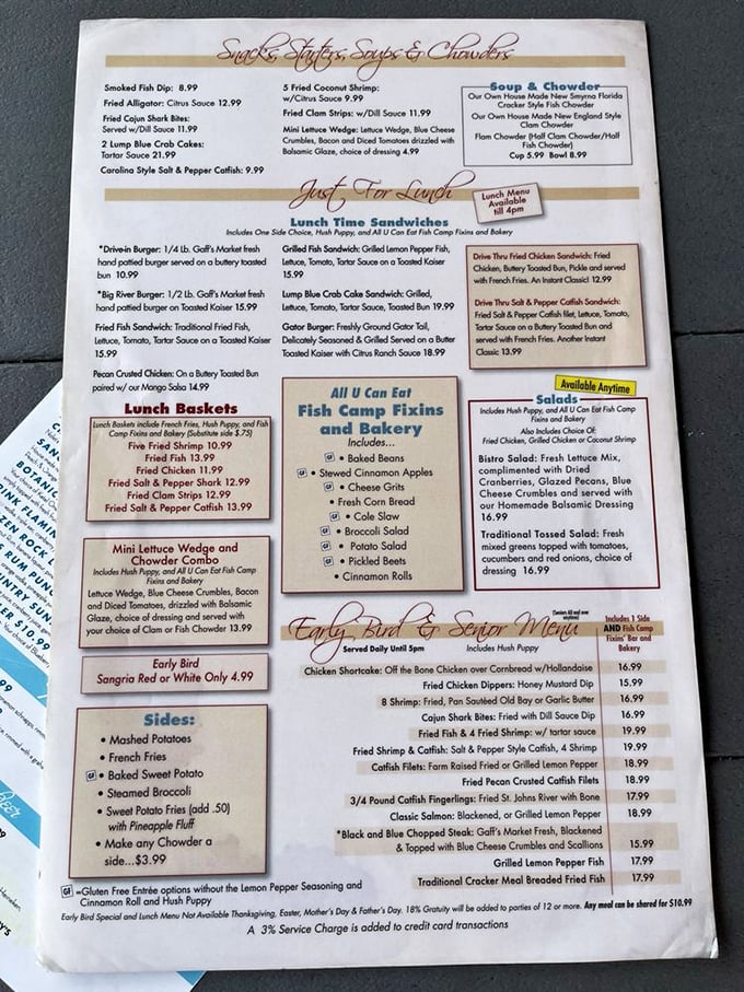 The menu reads like a love letter to Southern comfort food and fresh seafood classics.