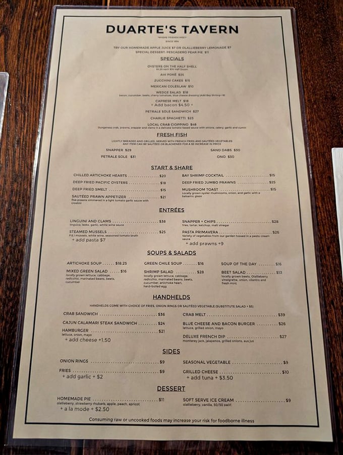 This menu reads like a love letter to coastal California cuisine, with that famous artichoke soup stealing the show.