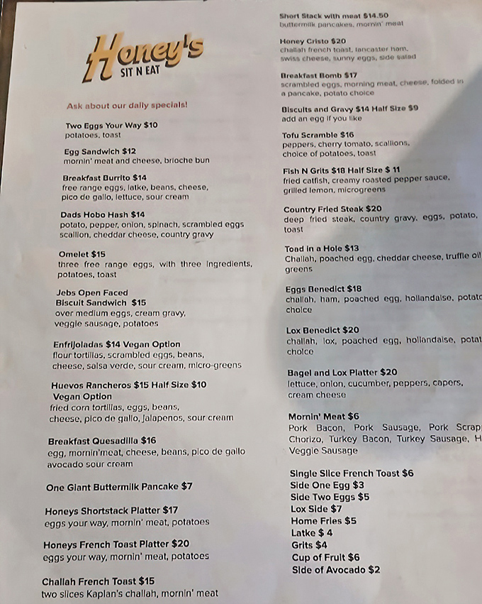 The menu reads like a love letter to breakfast, where Jewish deli classics dance with Southern comfort food in perfect harmony.