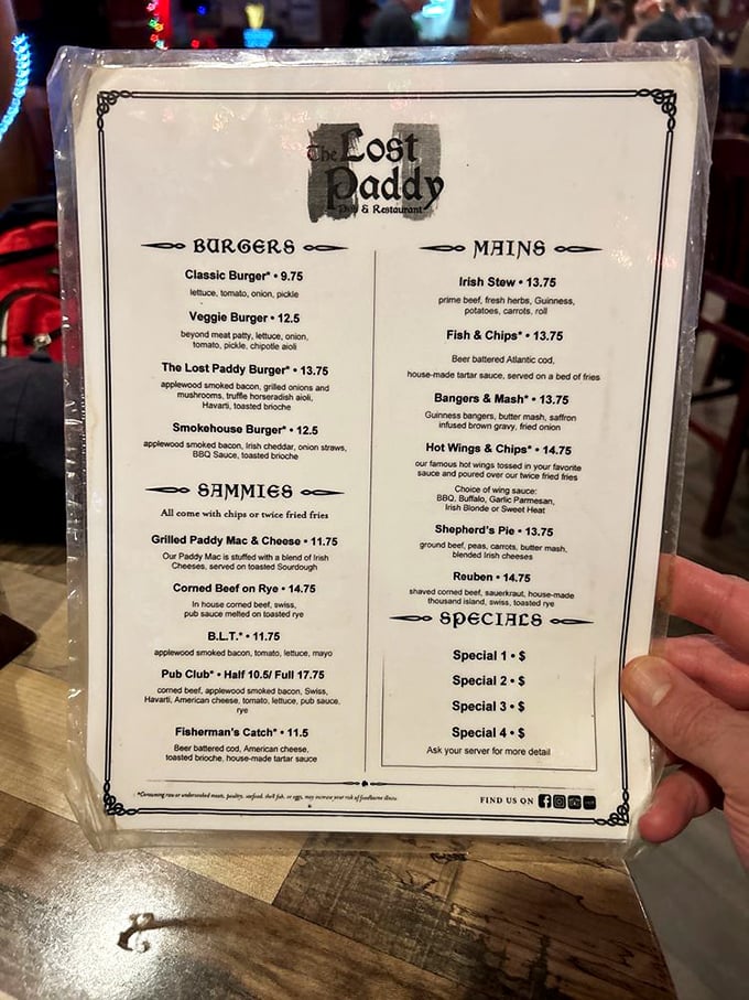 A menu that reads like a love letter to Irish-American cuisine, where every item seems to whisper, "You know you want me."