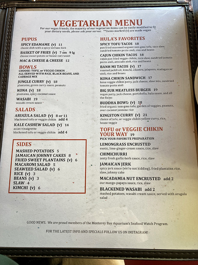 The vegetarian menu at Hula's proves paradise isn't just for carnivores. Those Spicy Tofu Tacos might convert even the most dedicated meat-lovers.