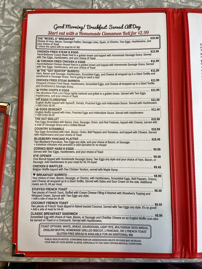 This menu isn't just a list of options&mdash;it's a roadmap to breakfast nirvana. The "Gut Buster Burrito" isn't just named that for show.