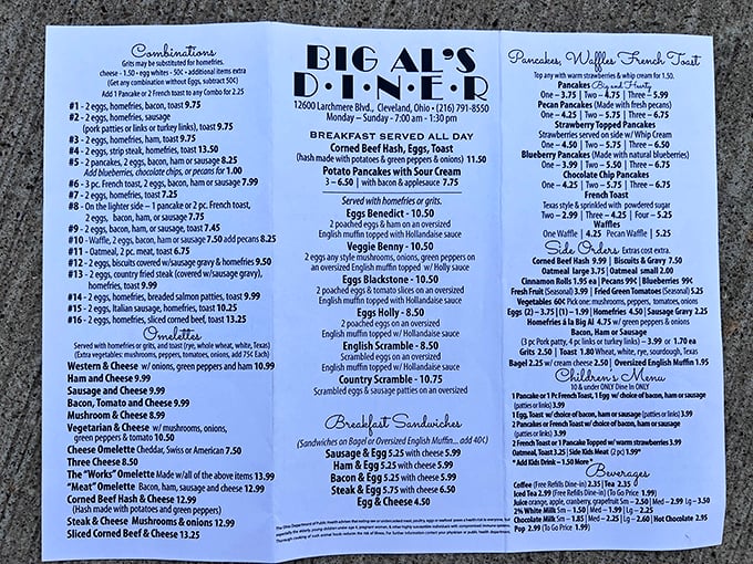 A menu that reads like a love letter to breakfast classics. The corned beef hash beckons from the bottom right&mdash;a siren call to hungry diners.