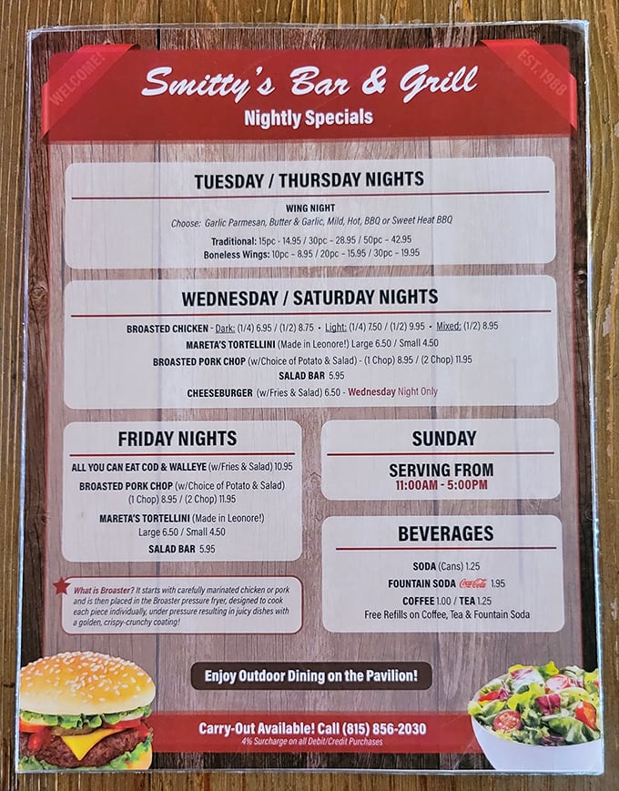 The menu tells the whole delicious story: broasted meats, local tortellini, and nightly specials that would make any big-city chef jealous.