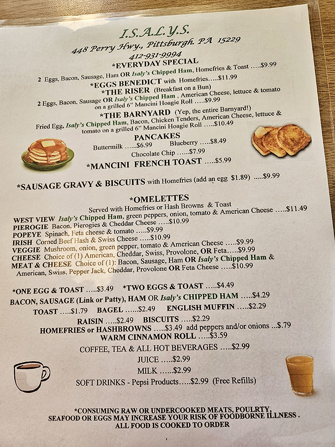 This menu isn't just a list of options &ndash; it's a roadmap to Pittsburgh culinary heritage, with "Isaly's Chipped Ham" appearing like a celebrity throughout.