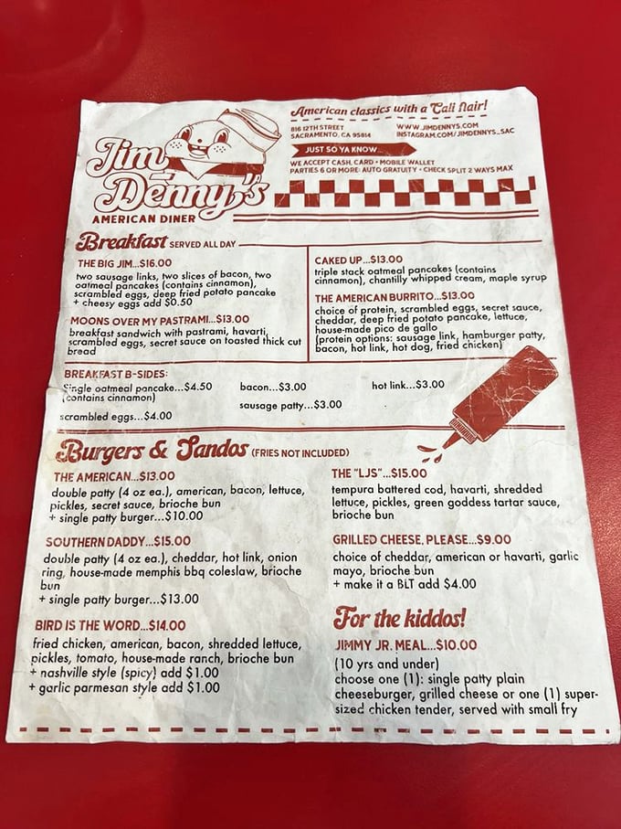 This menu isn't just food—it's a roadmap to happiness. The Big Jim breakfast might require a post-meal nap, but it's worth it.