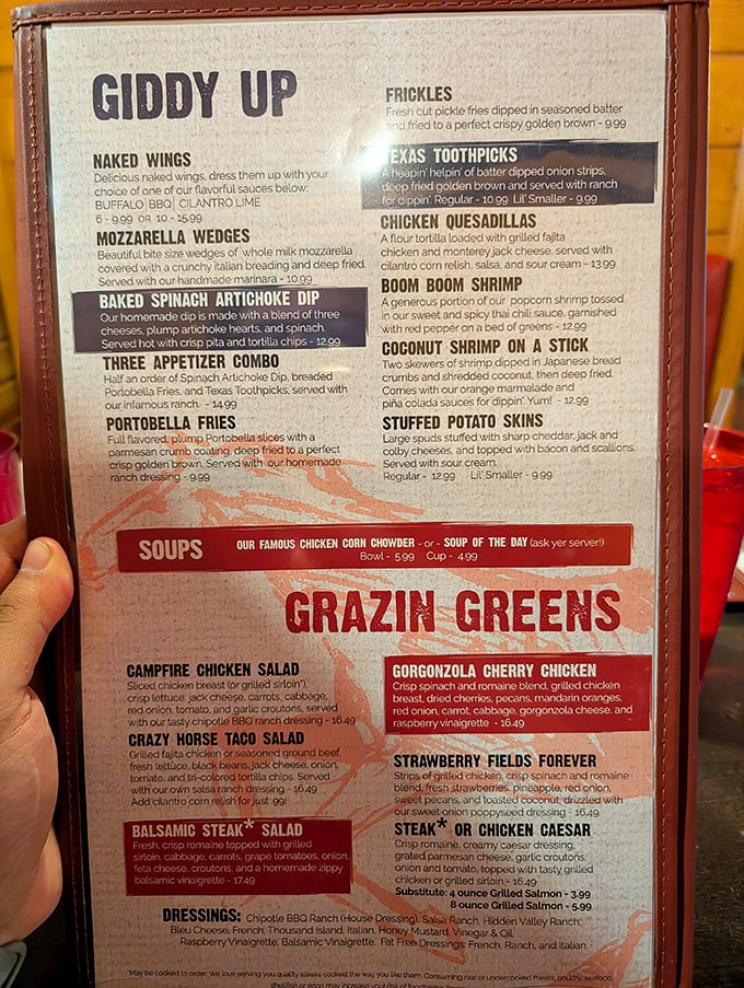 The "Giddy Up" appetizer section isn't just cute wordplay&mdash;it's a roadmap to happiness. Those Texas Toothpicks are calling my name!