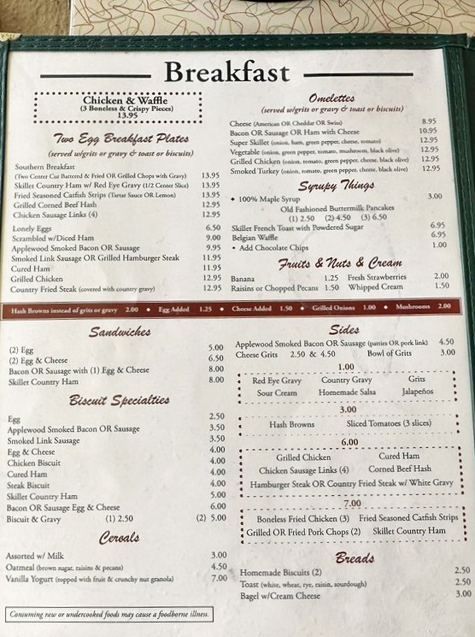 This menu isn't just a list of food&mdash;it's a Southern manifesto where biscuits are religion and grits are non-negotiable. Choose your breakfast adventure wisely.