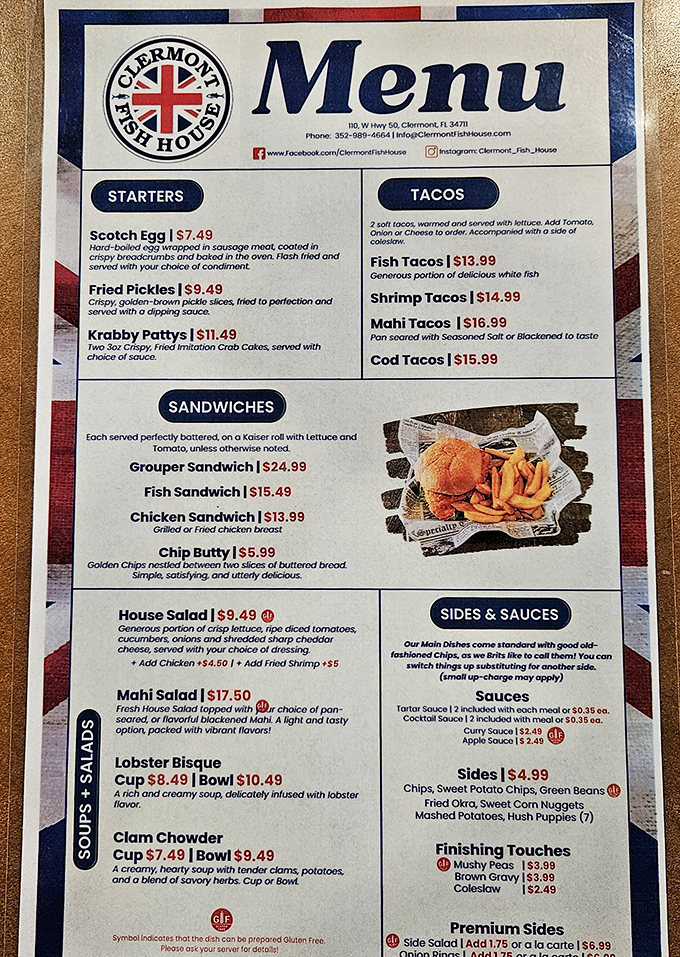 This menu reads like a love letter to British comfort food, with fish and chips playing the starring role in this culinary romance.