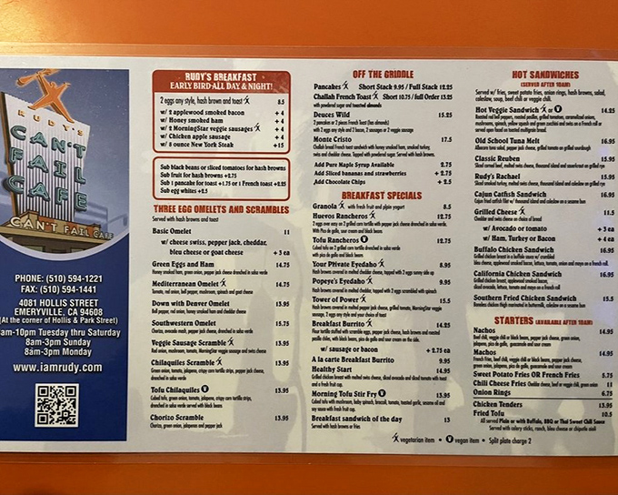 This menu isn't just reading material—it's a roadmap to breakfast nirvana. Choose your adventure wisely; French toast waits for no one.