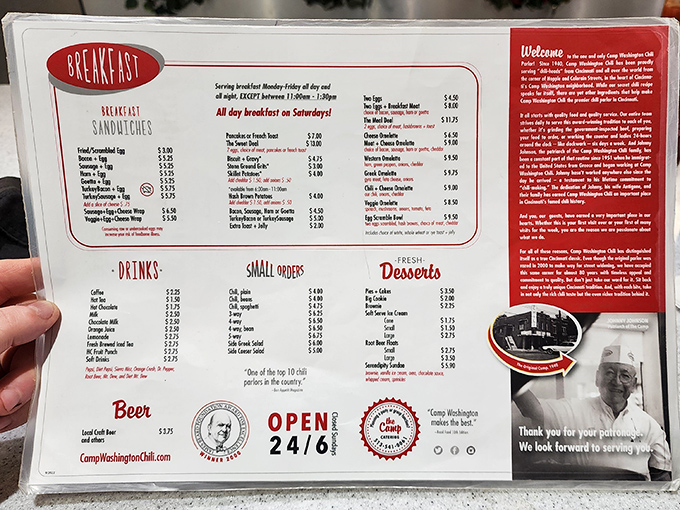 The menu reveals breakfast served all day Saturday—because sometimes you need eggs at 4pm and chili at 7am. Life's funny that way.