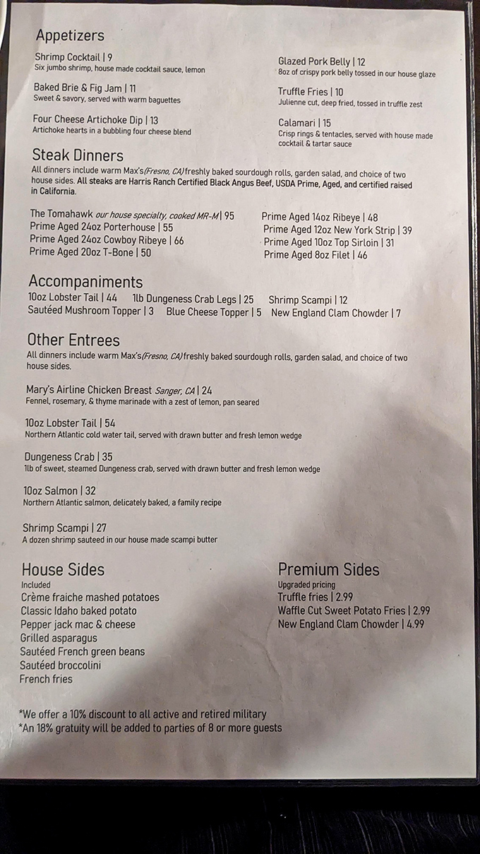 A menu that reads like poetry to carnivores&mdash;Harris Ranch Certified Black Angus beef takes center stage, with supporting acts that deserve their own spotlight.