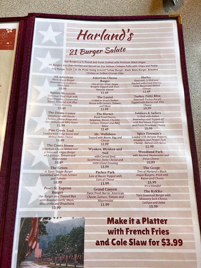 The "21 Burger Salute" menu reads like poetry for the hungry traveler. That "Wynken, Blynken and Nod" burger? Pure culinary whimsy.