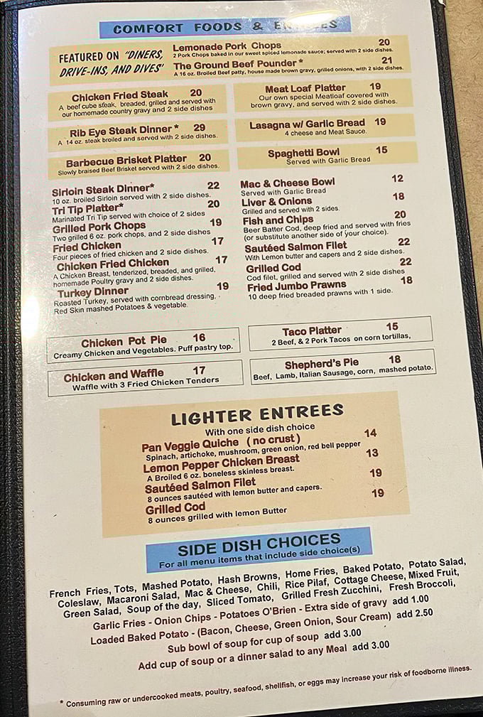 A menu that reads like comfort food poetry. No molecular gastronomy here, just the classics executed with diner perfection.