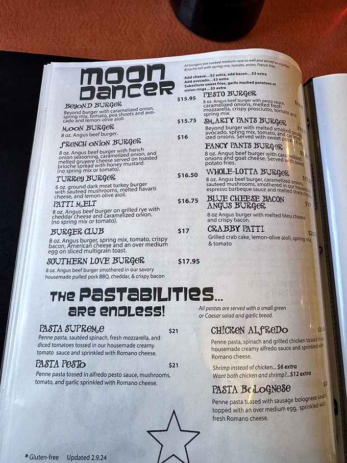 The "Moon Dancer" menu reads like a culinary adventure novel, with characters like "Smarty Pants Burger" and "Crabby Patti" waiting to make your acquaintance.