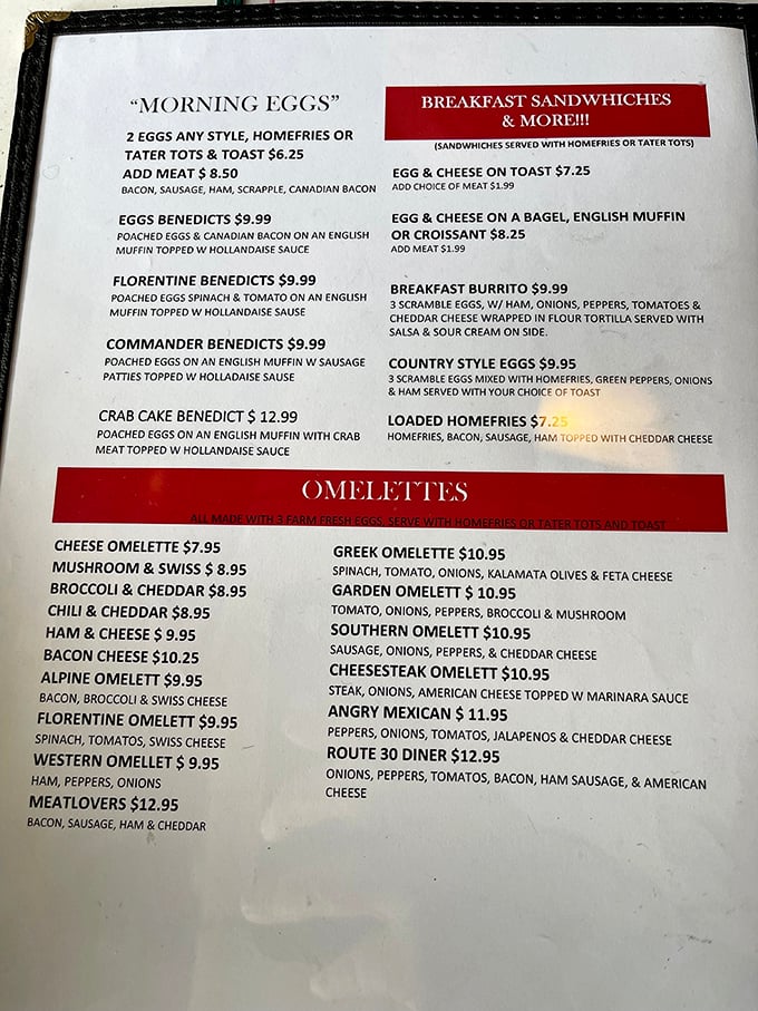 This menu isn't just a list of food&mdash;it's a roadmap to happiness. The Route 30 Diner omelet might be the most ambitious collection of ingredients since the Manhattan Project.