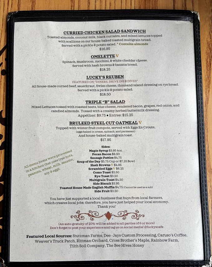A menu that respects local farmers and your taste buds equally&mdash;note that message at the bottom thanking you for supporting the local economy.
