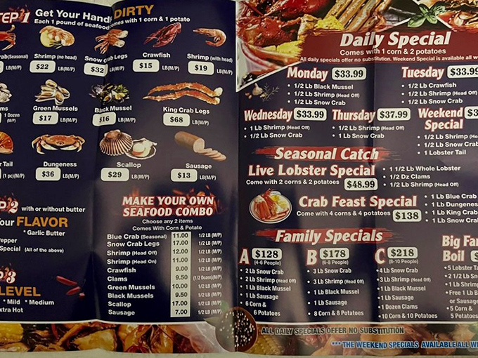 The menu reads like a treasure map where X marks the spot for seafood combinations that would make Neptune himself jealous.