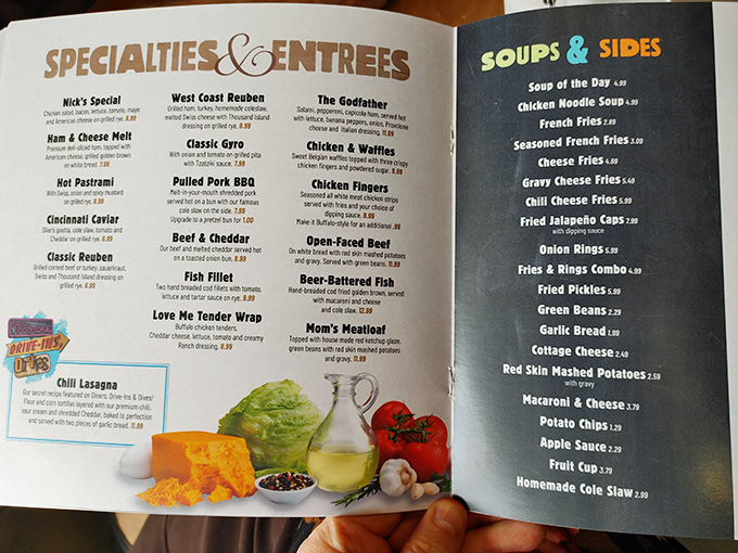 A menu that reads like a love letter to Midwest comfort food. The "Chili Lasagna" alone is worth the pilgrimage.