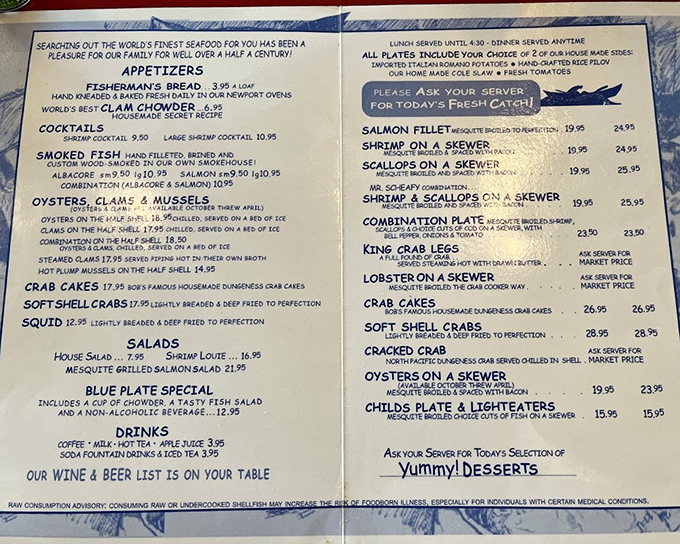 A menu that doesn't need fancy fonts or flowery descriptions&mdash;just straightforward seafood excellence that speaks for itself.