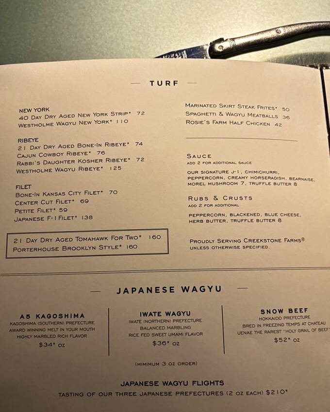 This menu isn't just a list—it's a love letter to beef, featuring everything from dry-aged classics to Japanese Wagyu that costs more per ounce than some designer perfumes.