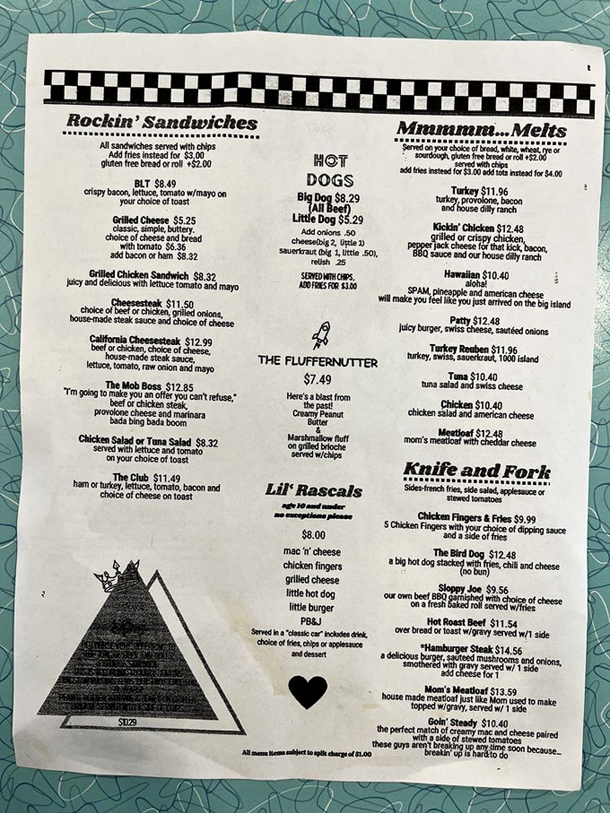 This isn't just a menu—it's a passport to simpler times when "The Fluffernutter" wasn't ironic and "The Mob Boss" made you an offer your waistline couldn't refuse.