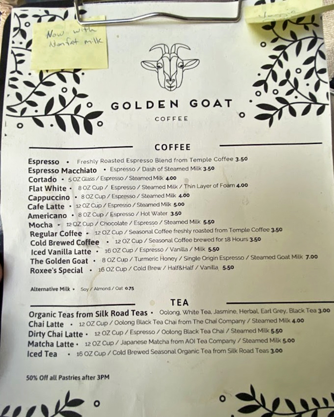 The menu board reveals Golden Goat's signature drink&mdash;turmeric, honey, and espresso with goat milk&mdash;alongside classics that prove they've mastered both tradition and innovation.