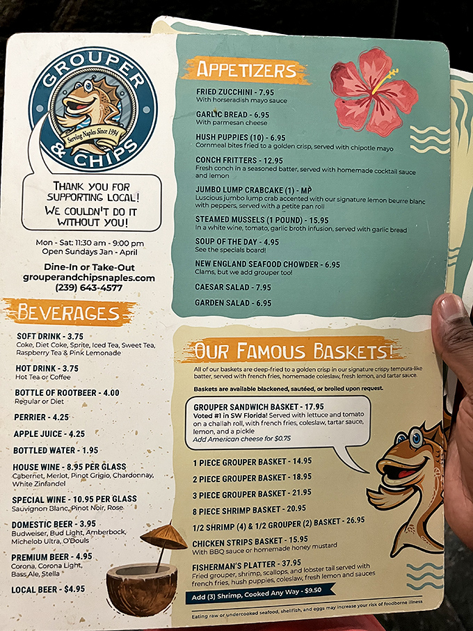 This menu reads like a love letter to seafood enthusiasts &ndash; notice how they proudly announce their grouper sandwich is "Voted #1 in SW Florida."